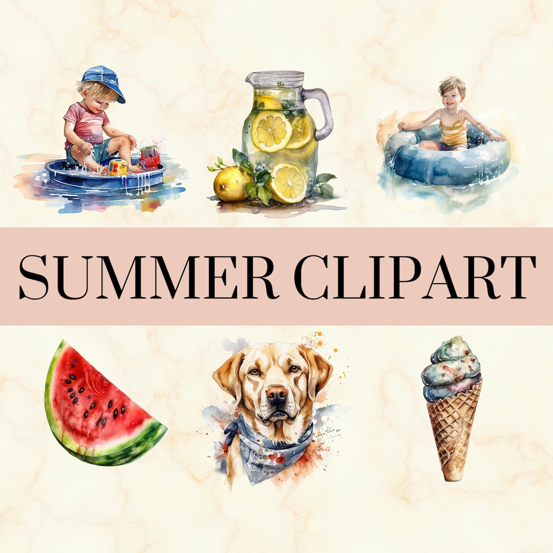 21 Summer Watercolor Clipart - Pretty Summer Vacation PNG Set, Pool ...