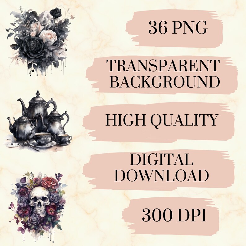 36 Dark Gothic Watercolor Clipart Pretty Dark Academia PNG Set, Skulls ...