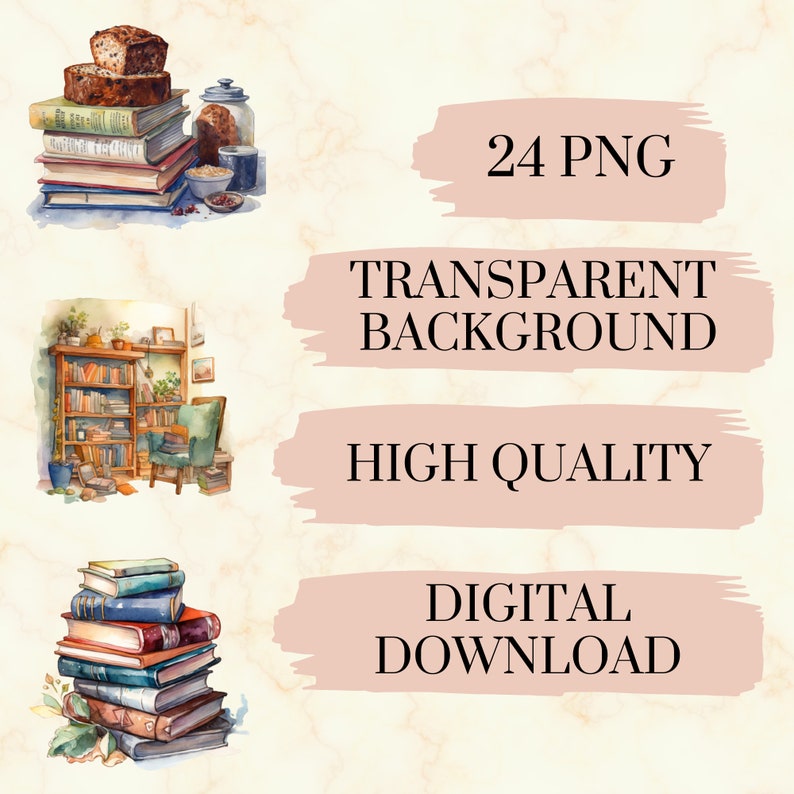 24 PNG Watercolor Book Lover Clipart - Pretty Books PNG Set, Cute ...