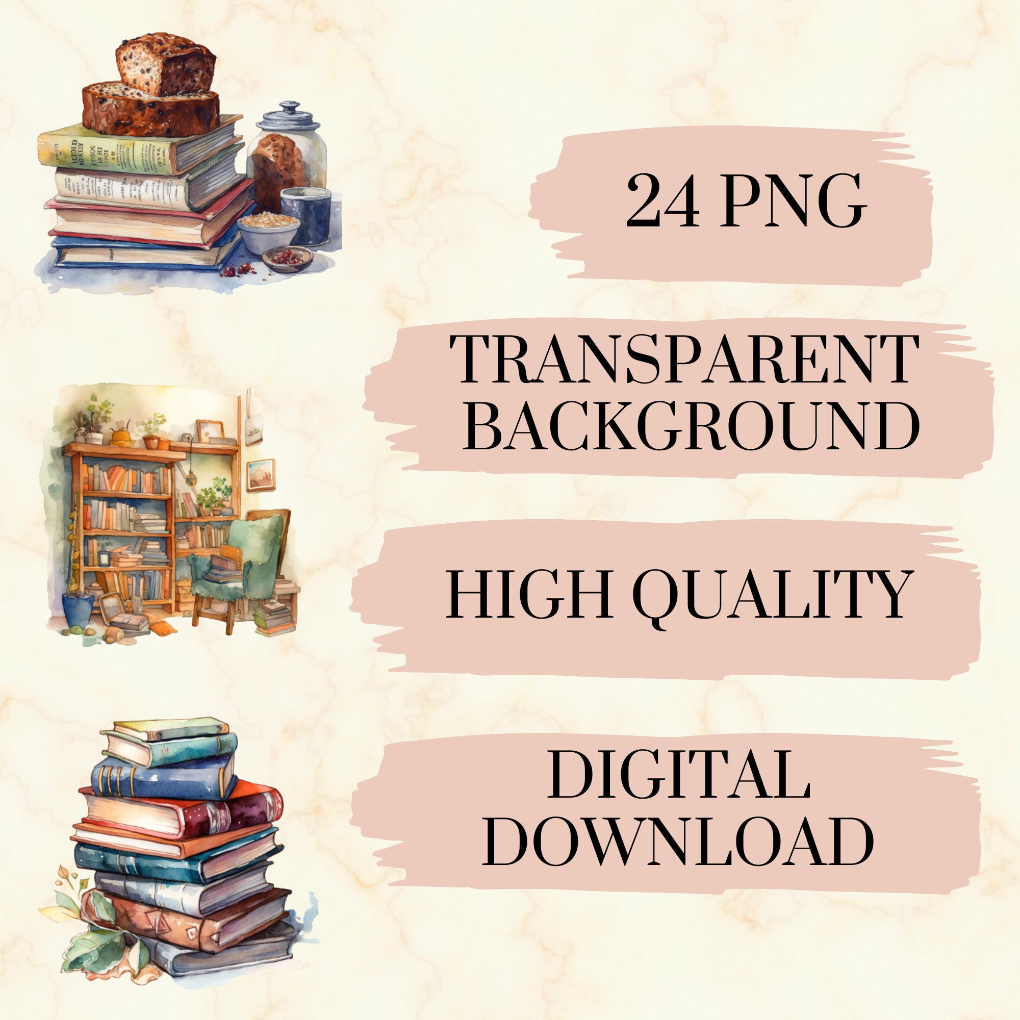 24 PNG Watercolor Book Lover Clipart - Pretty Books PNG Set, Cute ...