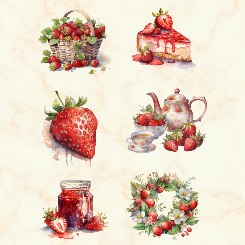 24 Strawberry Watercolor Clipart Pretty Cottagecore PNG Set, Fruit and ...