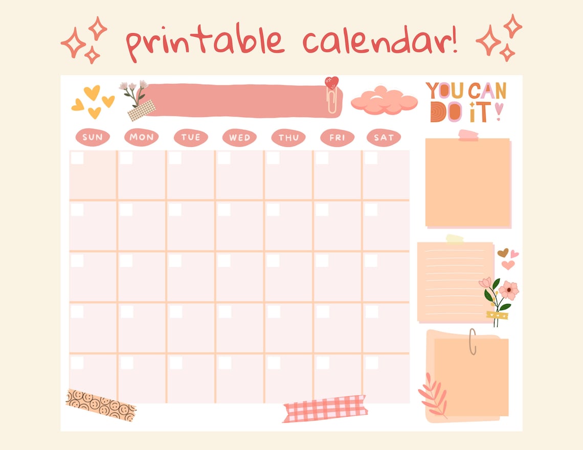 Cute Positive Open Printable Calendar, Digital Download Calendar ...