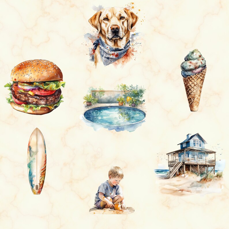 21 Summer Watercolor Clipart Pretty Summer Vacation PNG Set, Pool Party ...