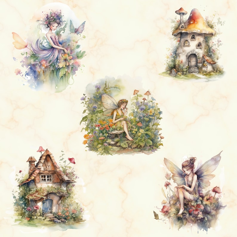 20 PNG Watercolor Fairy Garden Clipart Fairy Garden PNG Set, Cute Fairy ...