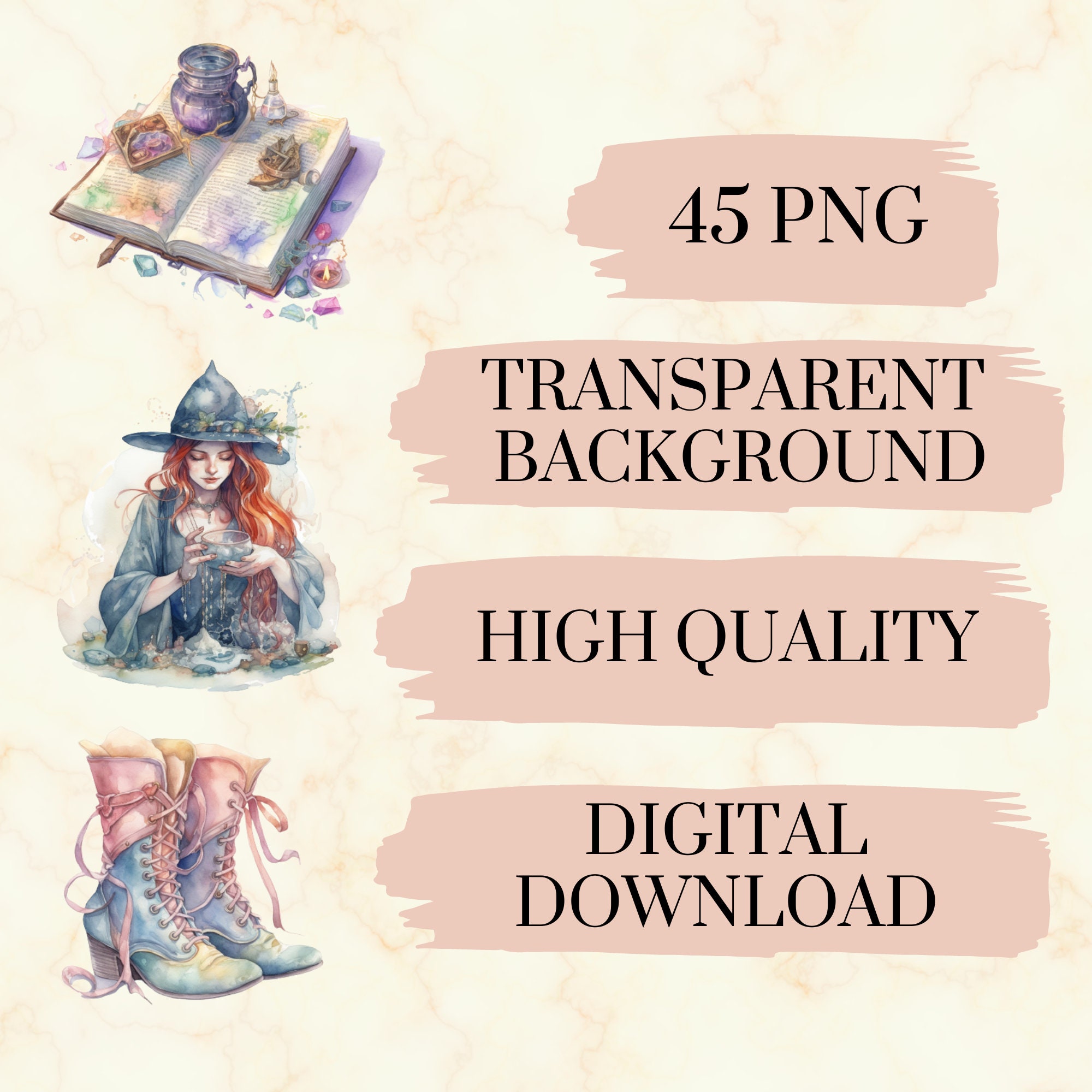 45 PNG Watercolor Pastel Witch Clipart Pretty Colorful Witchy PNG Set ...