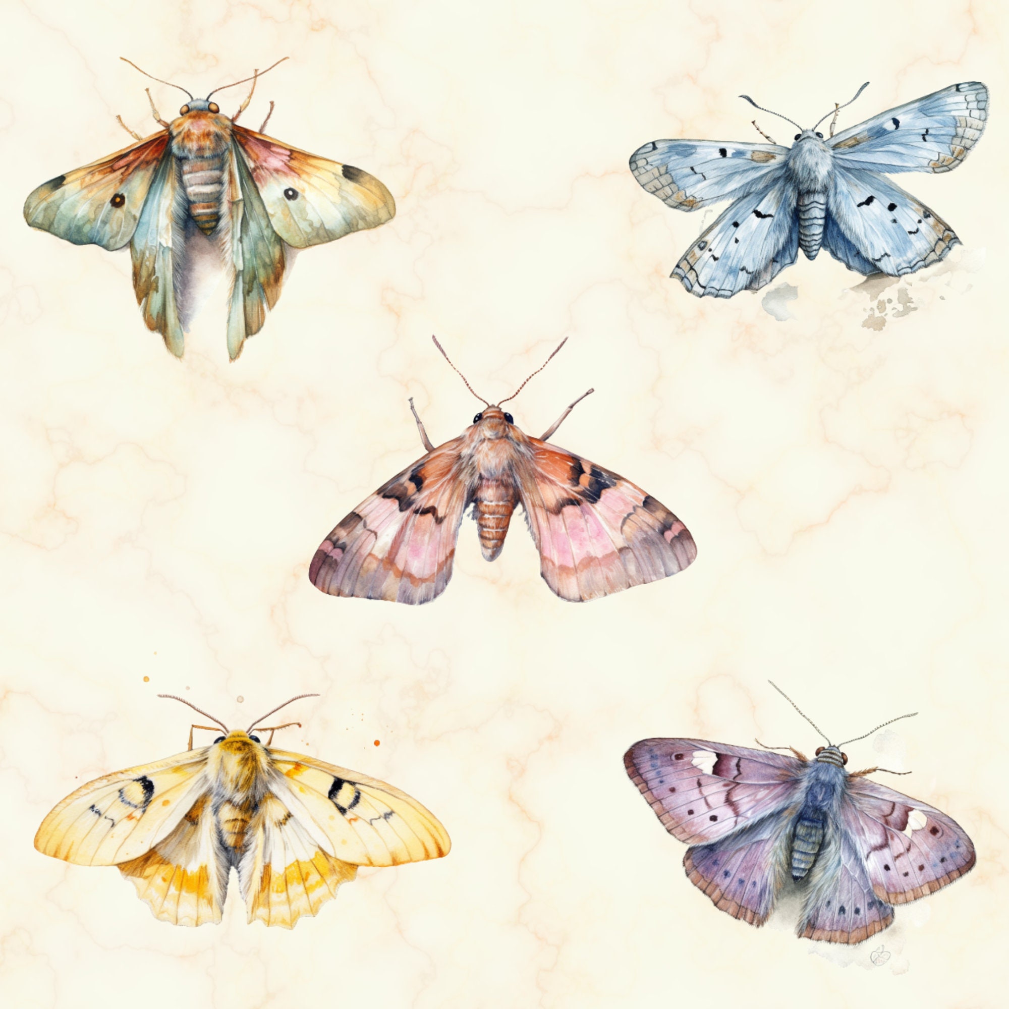 20 PNG Watercolor Pastel Moths Clipart - Moth PNG Set, Cute Colorful ...