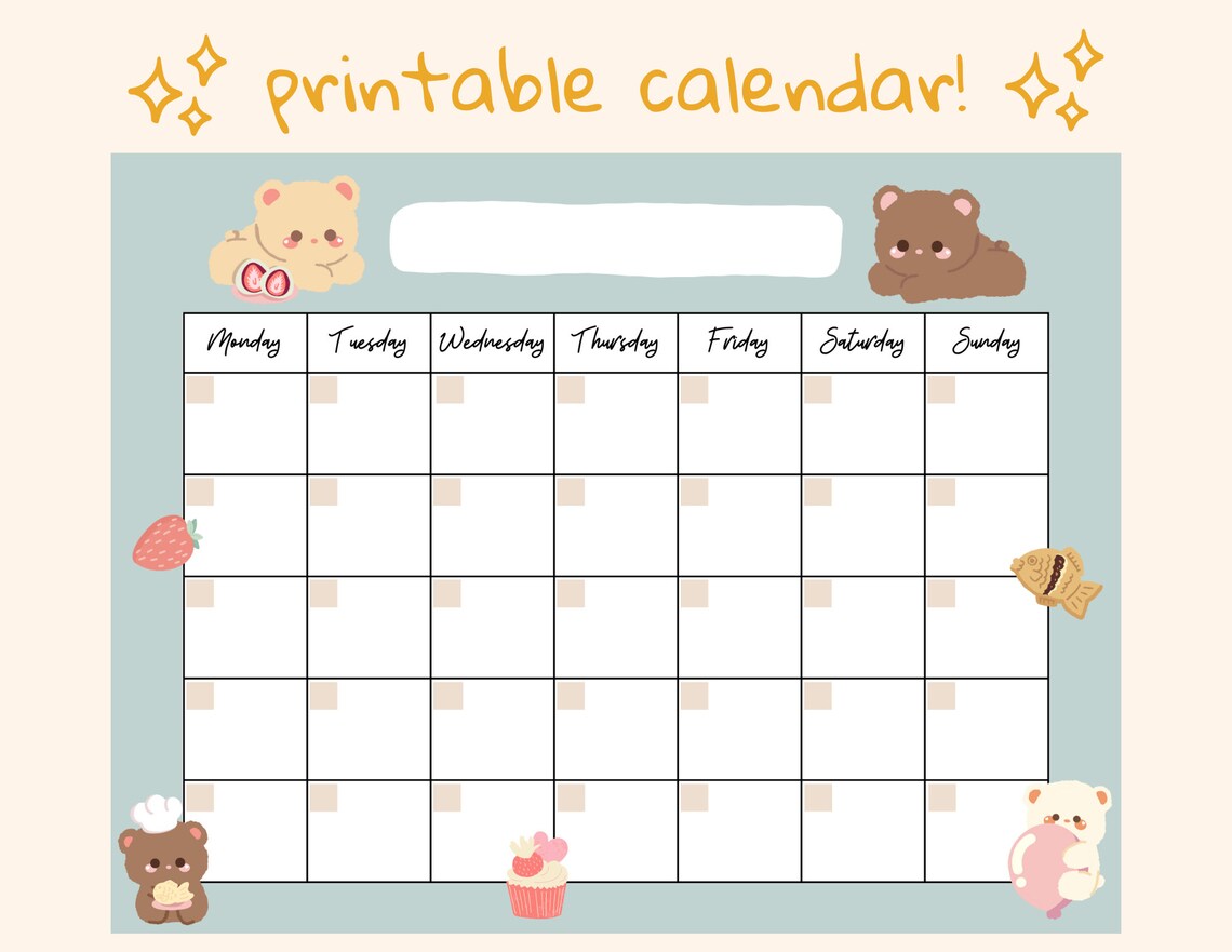 Cute Bear Open Printable Calendar, Digital Download Calendar, Instant ...