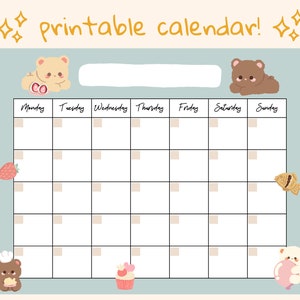 Cute Bear Open Printable Calendar, Digital Download Calendar, Instant ...