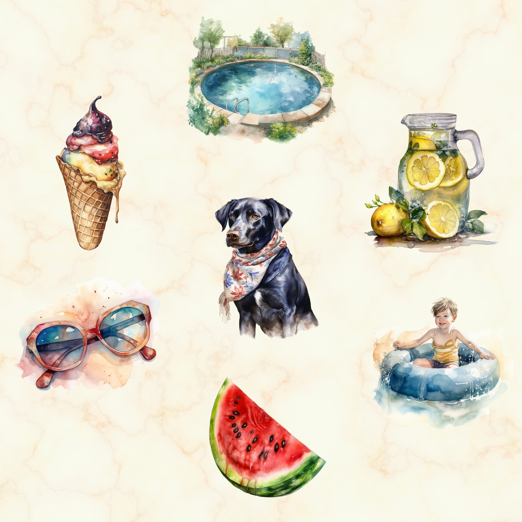 21 Summer Watercolor Clipart Pretty Summer Vacation PNG Set, Pool Party ...