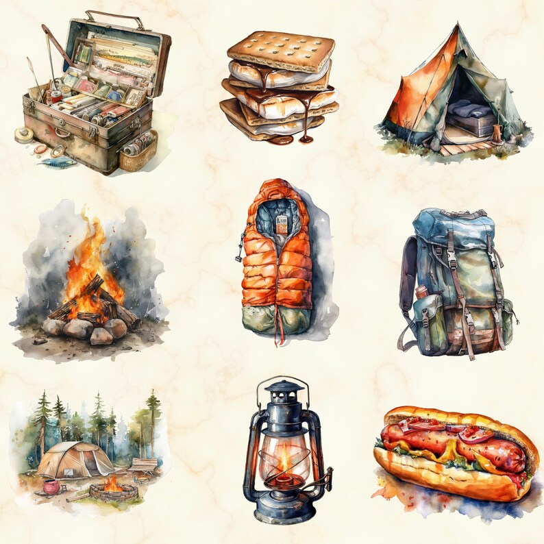 36 Camping Watercolor Clipart - Summer Camping PNG Set, Hiking PNG ...