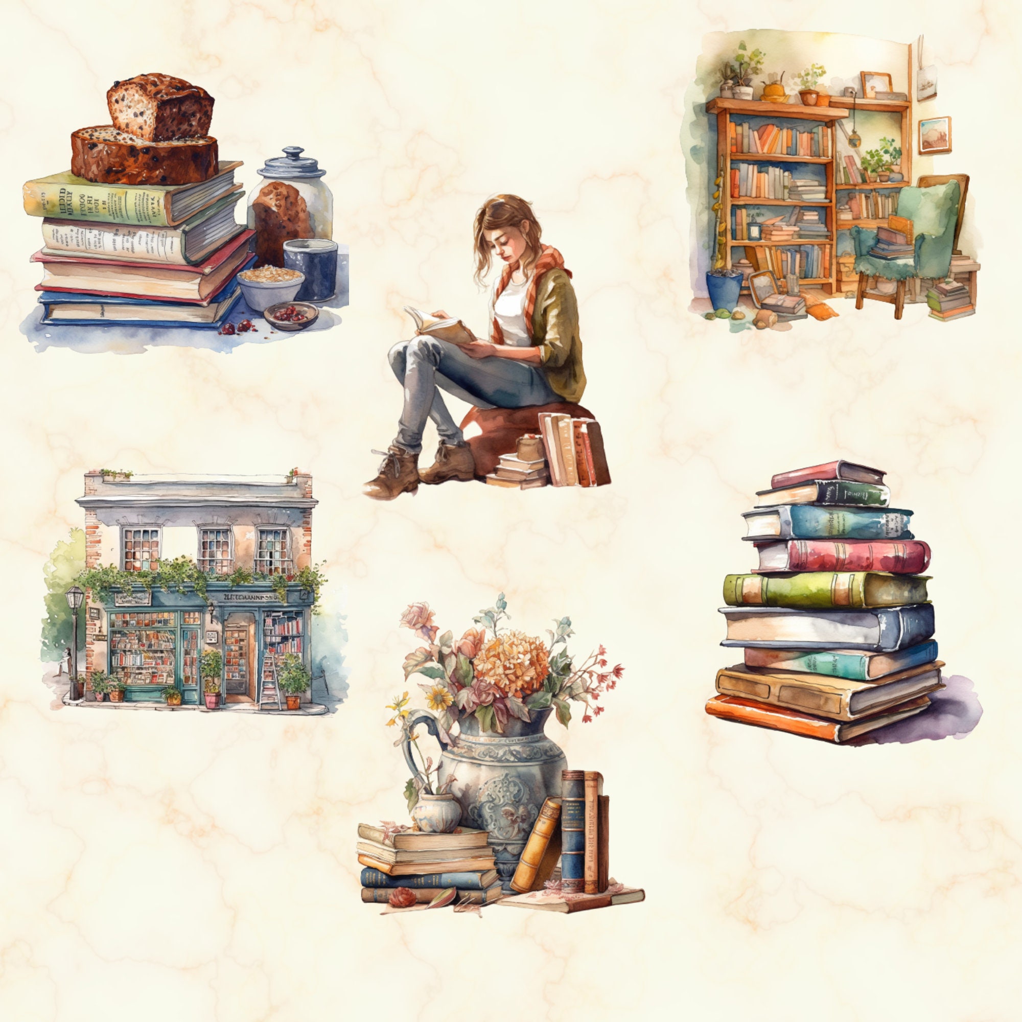 24 PNG Watercolor Book Lover Clipart - Pretty Books PNG Set, Cute ...