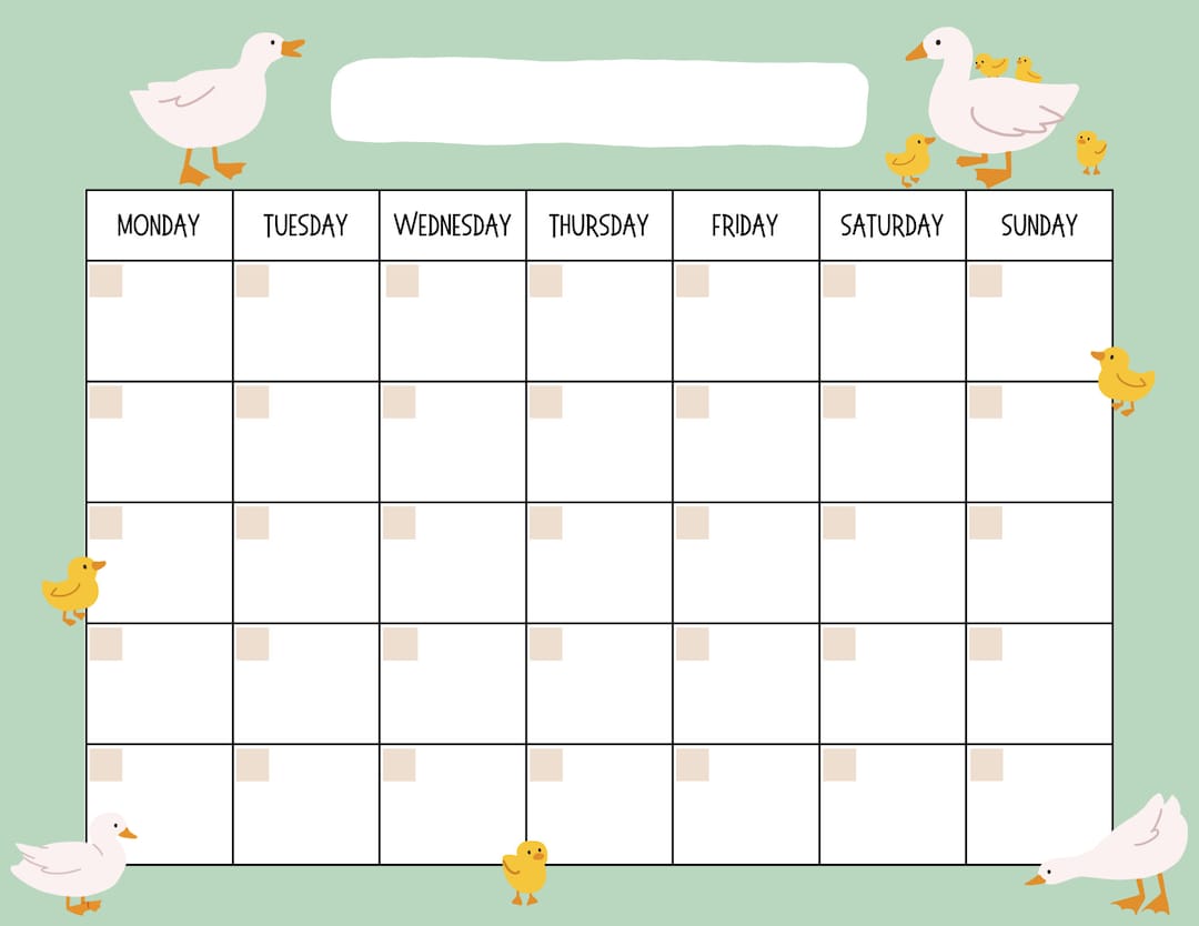 Cute Duck Open Printable Calendar, Digital Download Calendar, Instant ...