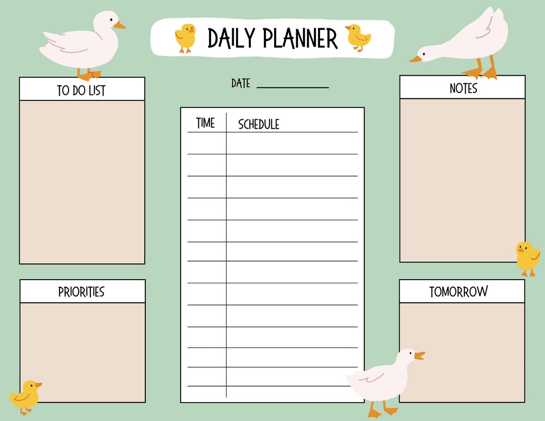 Cute Duck Open Printable Daily Planner, Digital Download Planner Page ...