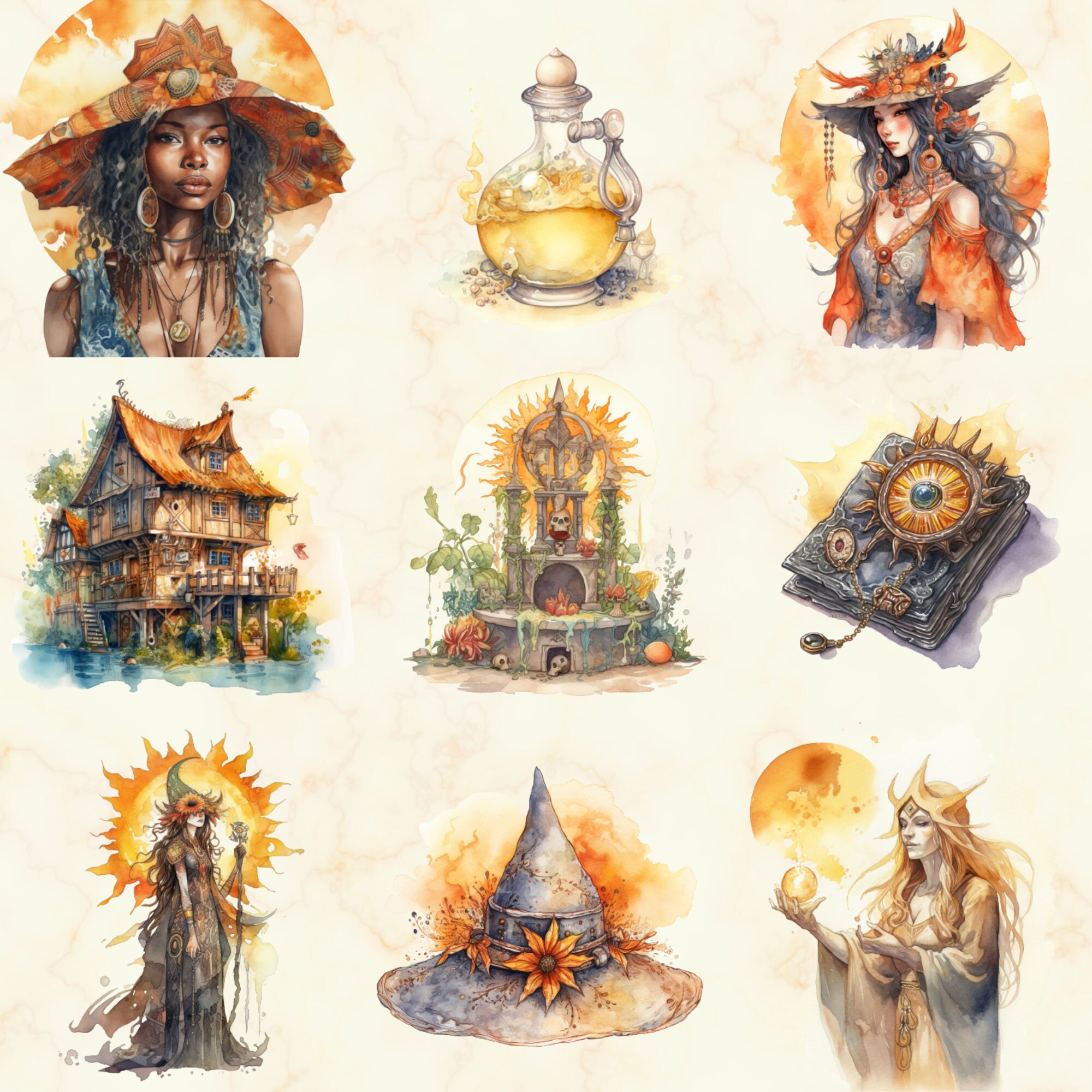 45 PNG Watercolor Sun Witch Clipart - Bright Sunshine Witchy PNG Set ...