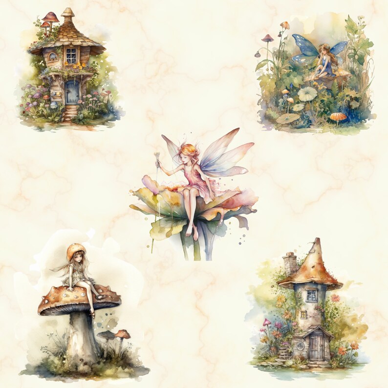 20 PNG Watercolor Fairy Garden Clipart Fairy Garden PNG Set, Cute Fairy ...