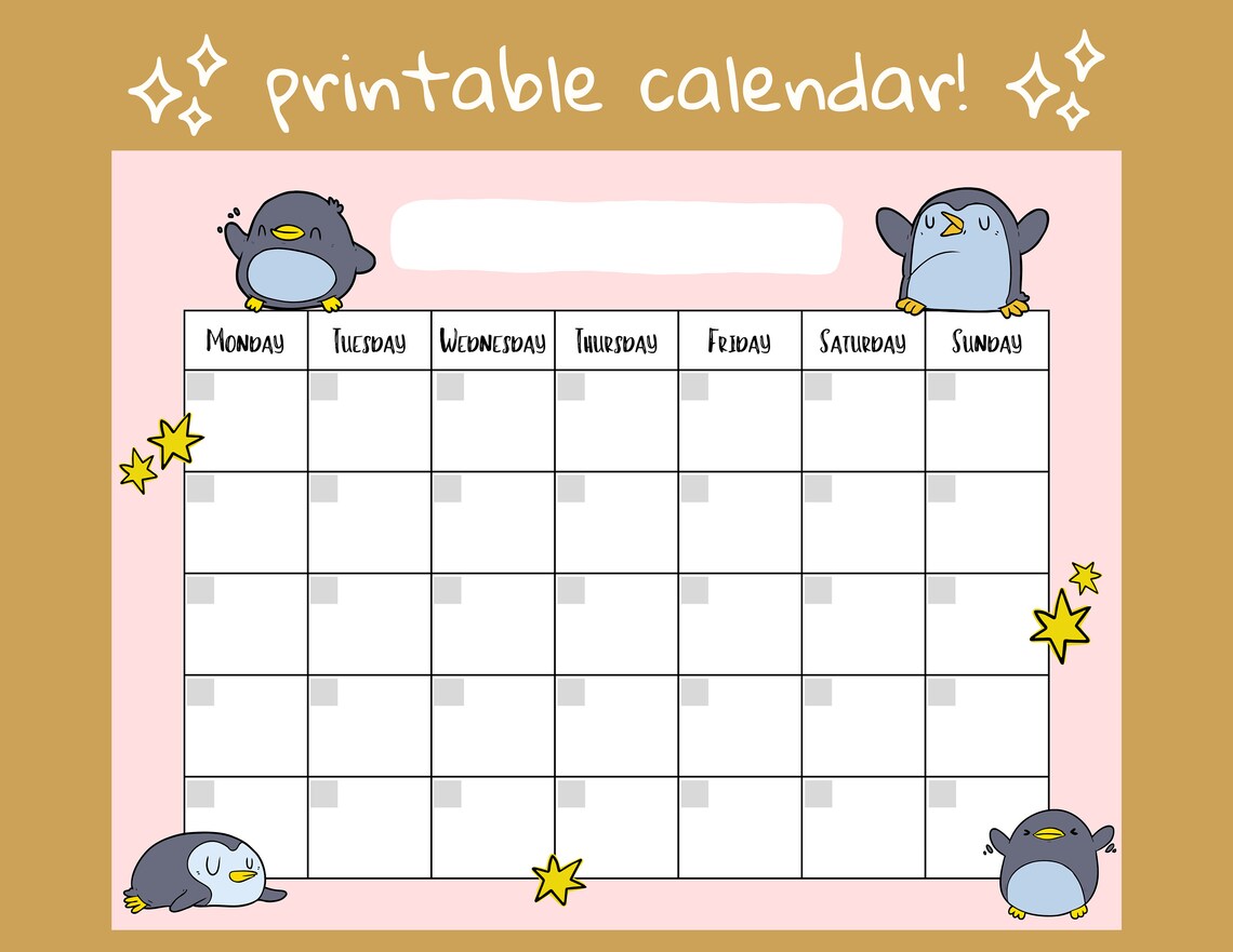 Cute Penguin Open Printable Monthly Calendar Planner, Digital Download ...