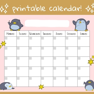 Cute Penguin Open Printable Monthly Calendar Planner, Digital Download ...