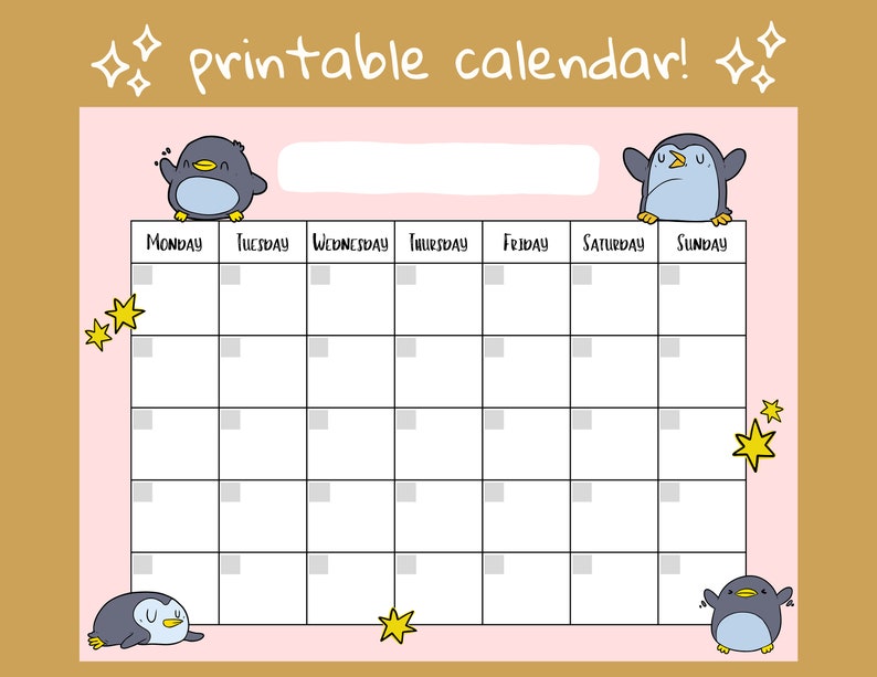 Cute Penguin Open Printable Monthly Calendar Planner, Digital Download ...