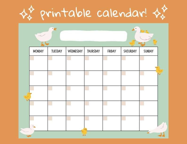 Cute Duck Open Printable Calendar, Digital Download Calendar, Instant ...