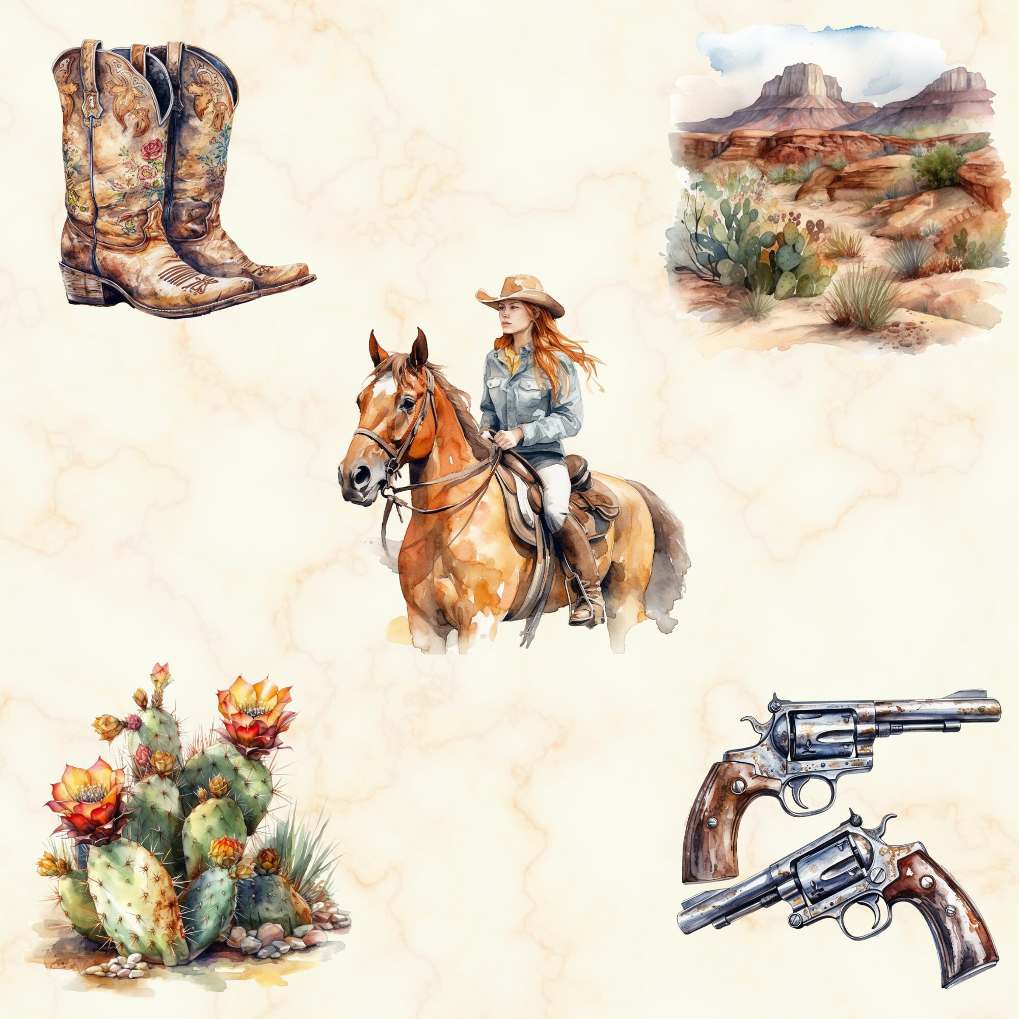 20 Western Watercolor Clipart - Pretty Cowboy Cowgirl PNG Set, Desert ...