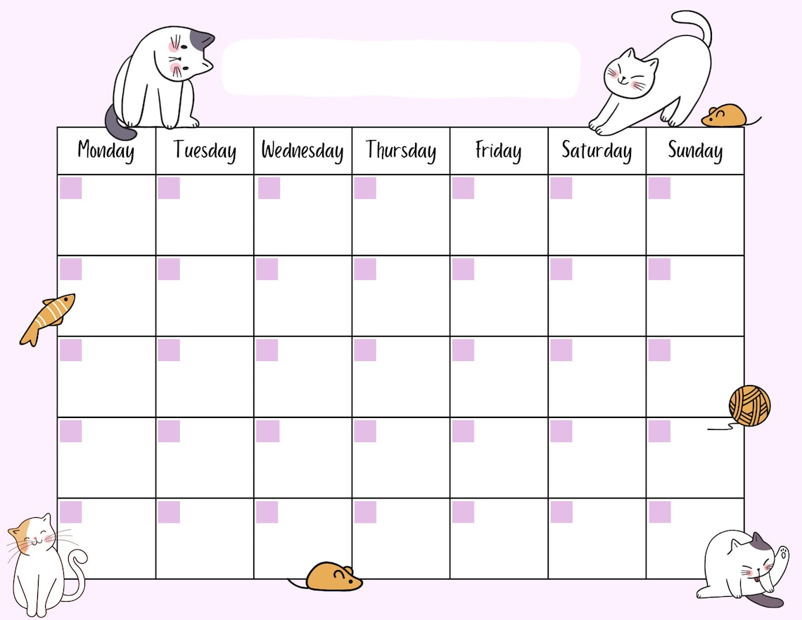 Cute Cat Open Printable Calendar, Digital Download Calendar, Instant ...