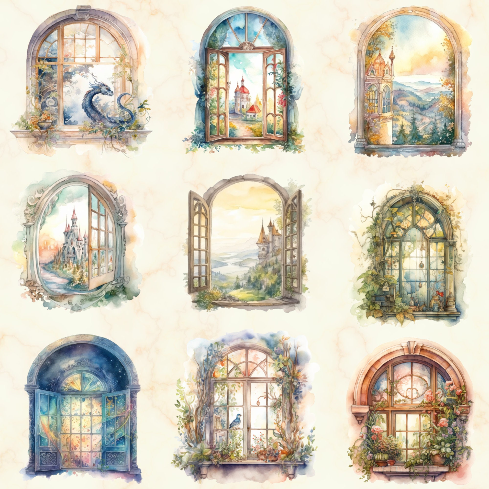 36 Fantasy Windows Watercolor Clipart Magical Fairytale PNG Set ...