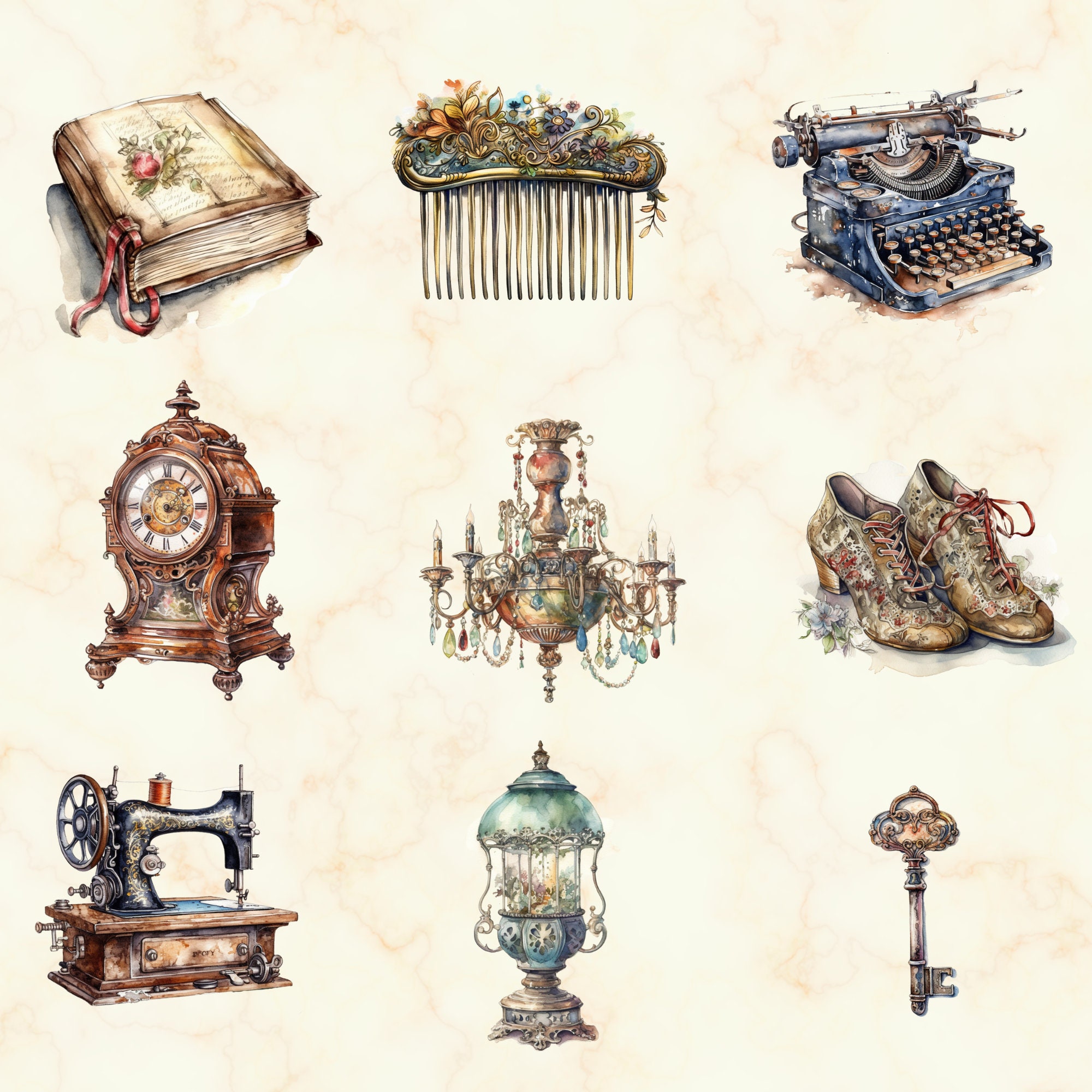27 Antiques Watercolor Clipart - Pretty Vintage PNG Set, Books ...