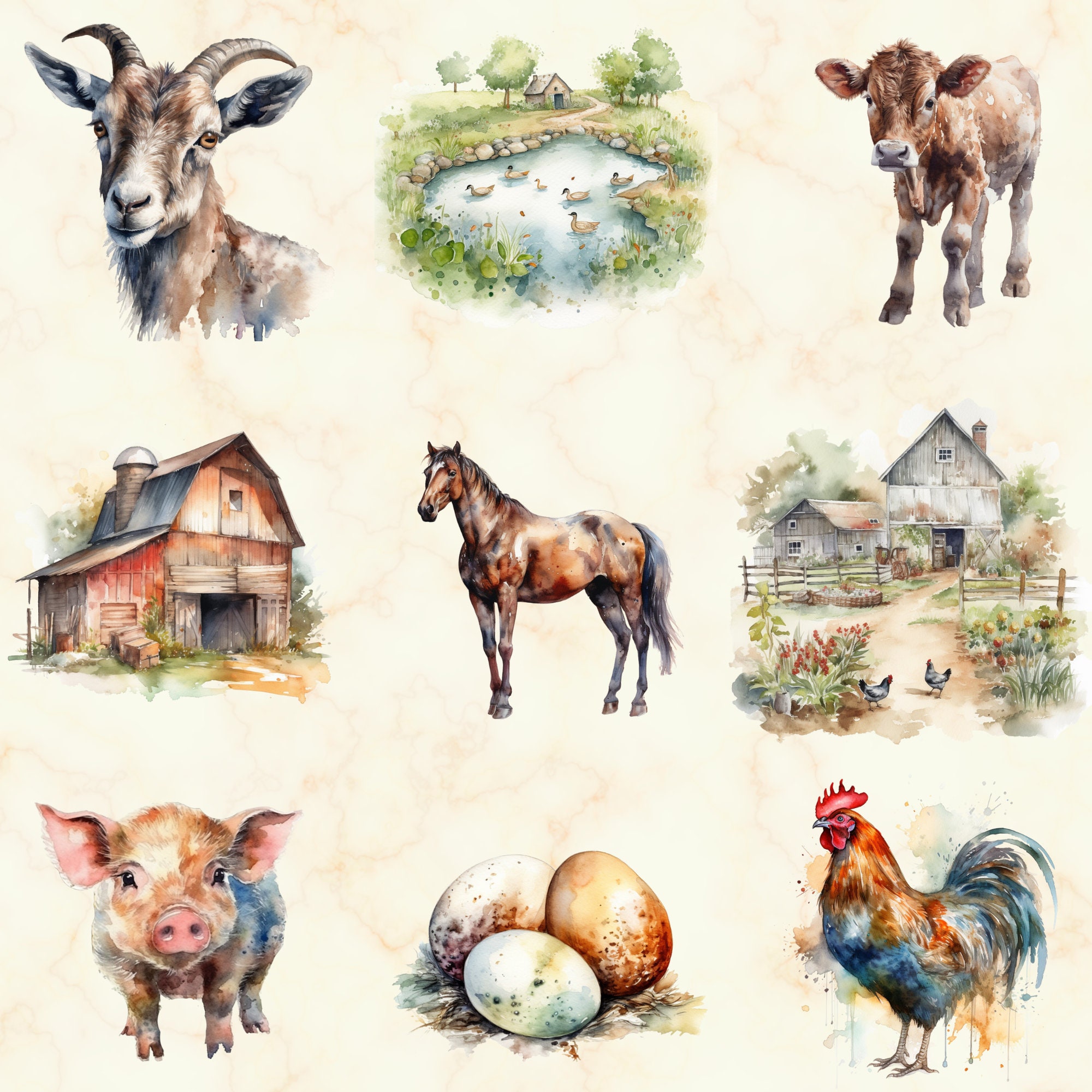 36 Family Farm Watercolor Clipart - Baby Farm Animals PNG Set, Barn ...
