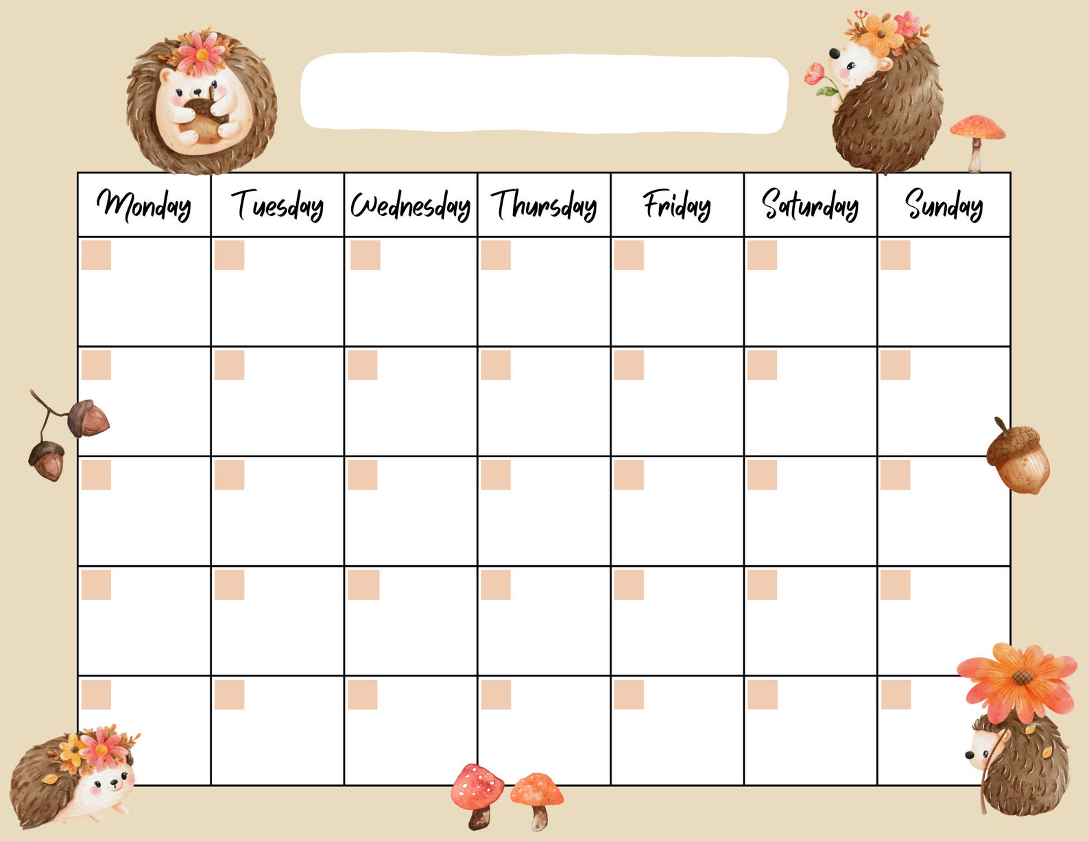 Cute Hedgehog Open Printable Calendar, Digital Download Calendar ...