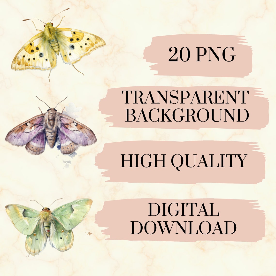 20 PNG Watercolor Pastel Moths Clipart - Moth PNG Set, Cute Colorful ...