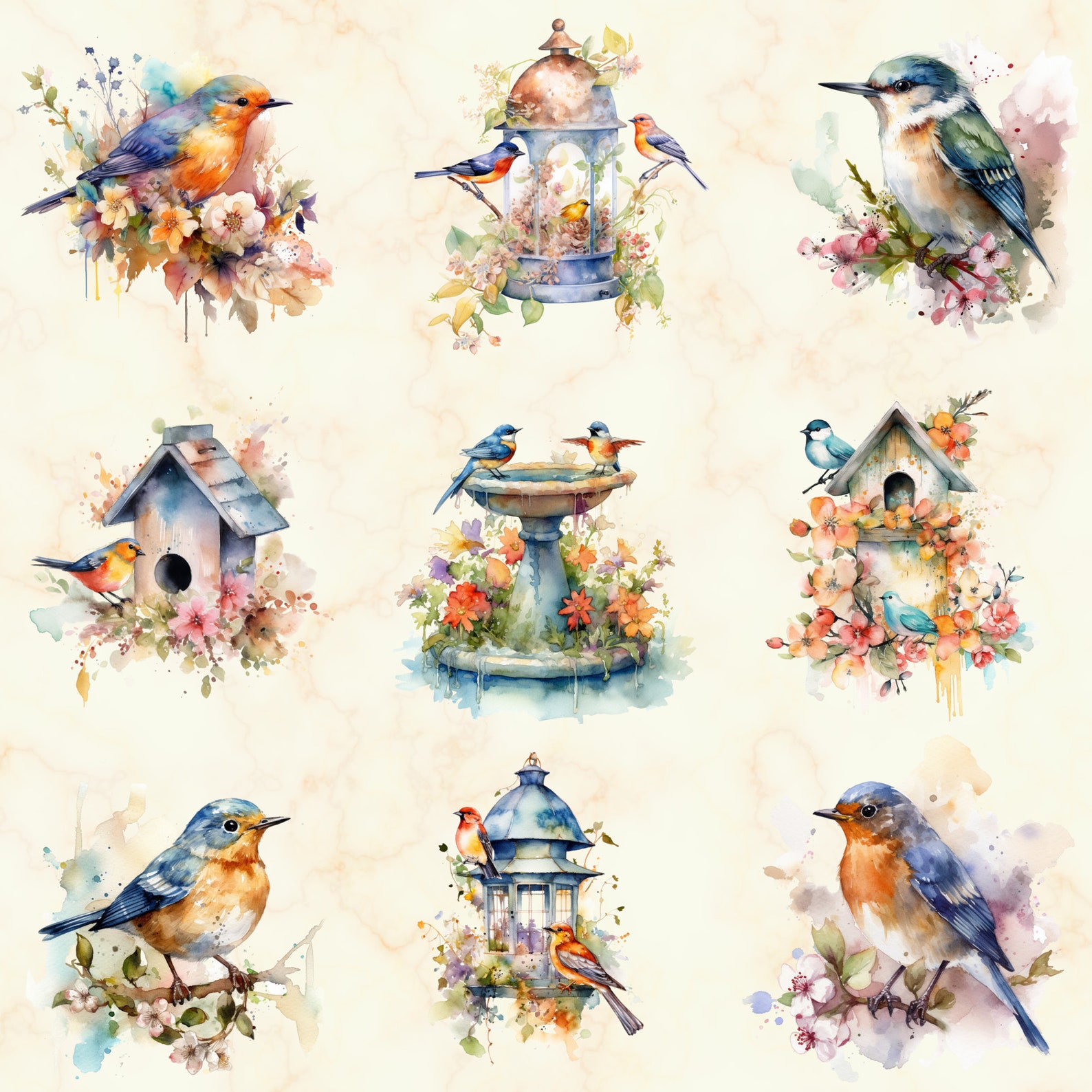 27 Summer Birds Watercolor Clipart - Pretty Floral Birds PNG Set ...