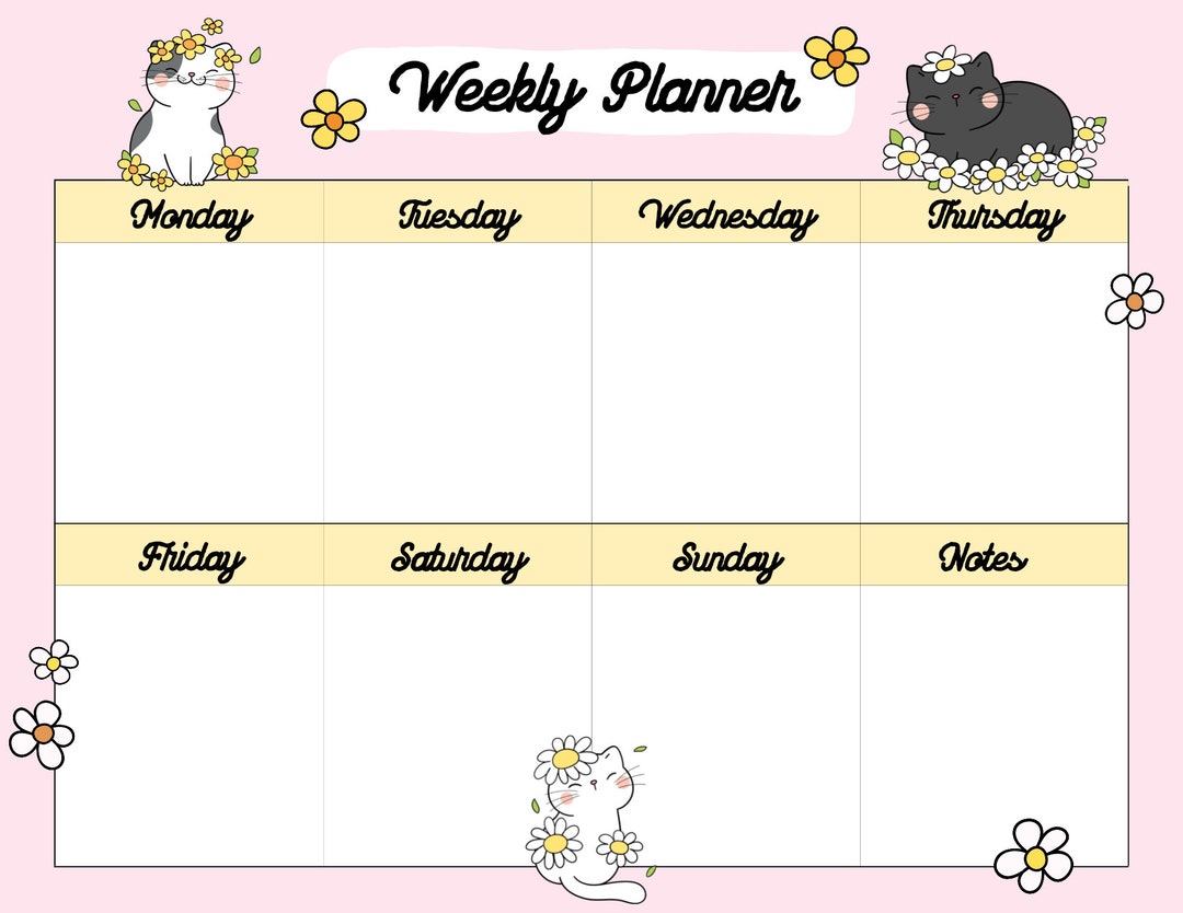 Cute Flowers Cat Open Printable Weekly Planner, Digital Download ...