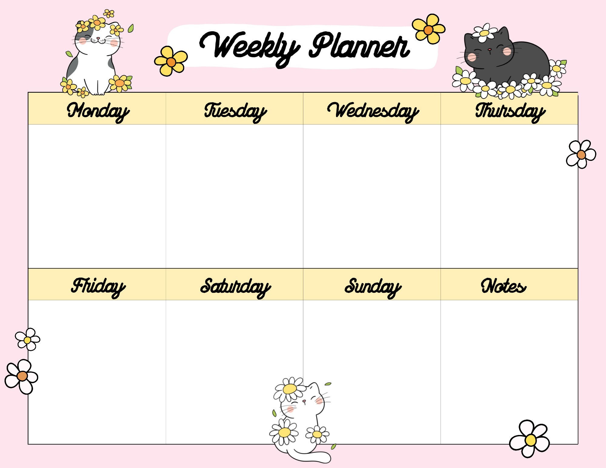 Cute Flowers Cat Open Printable Weekly Planner, Digital Download ...