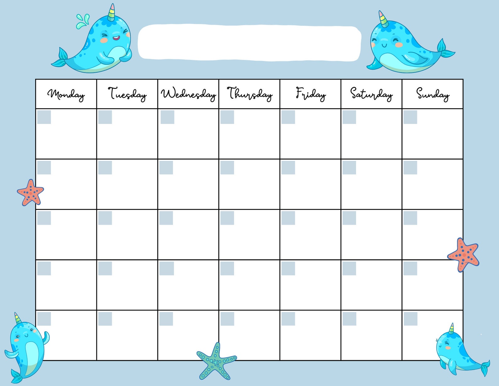Cute Narwhal Open Printable Calendar, Digital Download Calendar ...