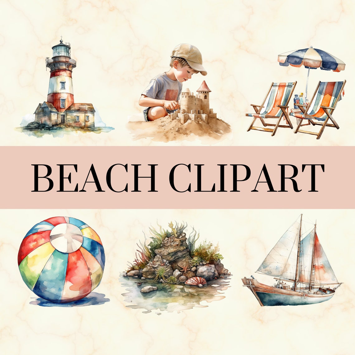 27 Beach Watercolor Clipart - Pretty Summer Vacation PNG Set ...