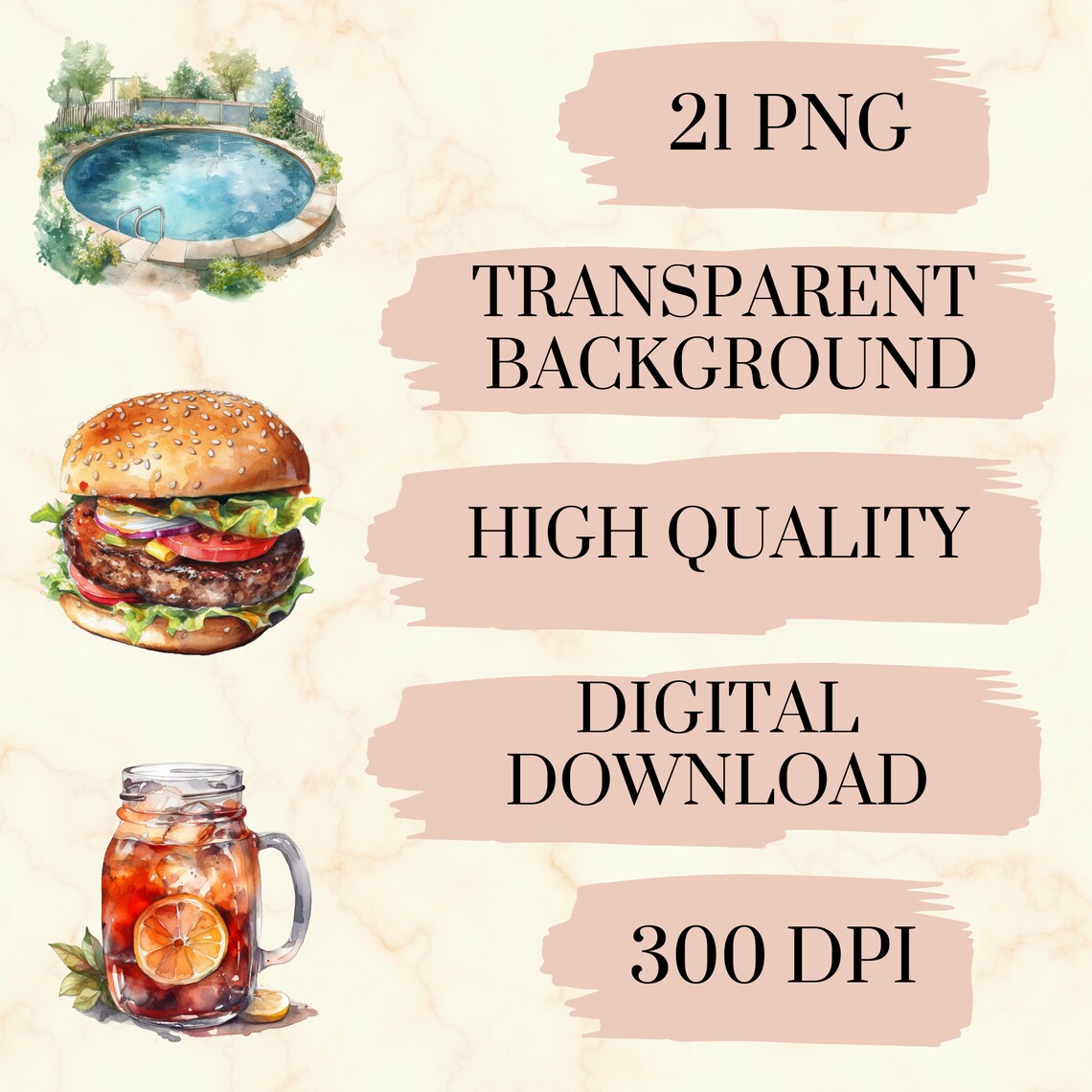 21 Summer Watercolor Clipart Pretty Summer Vacation PNG Set, Pool Party ...