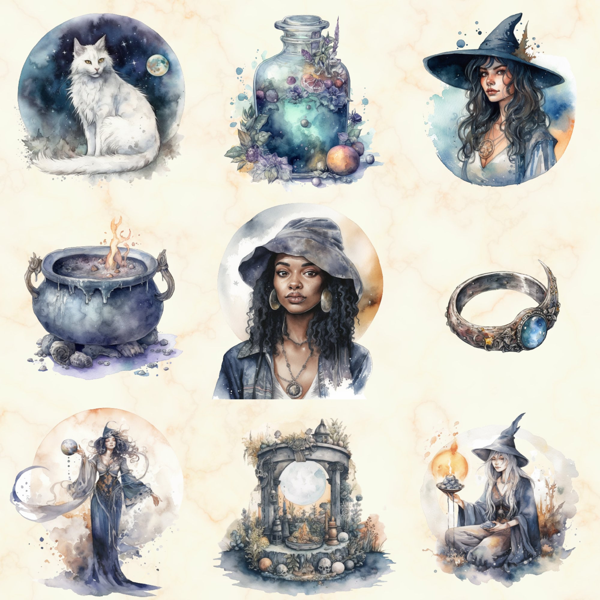 45 PNG Watercolor Moon Witch Clipart - Mystic Moon Witchy PNG Set ...