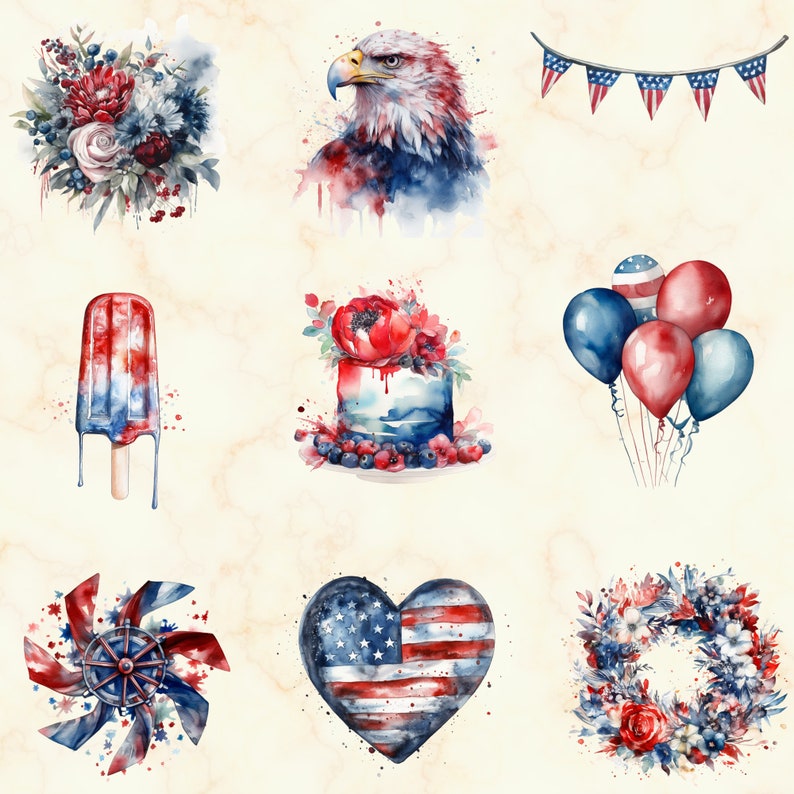 27 Fourth of July Watercolor Clipart Patriotic Holiday PNG Set, America ...