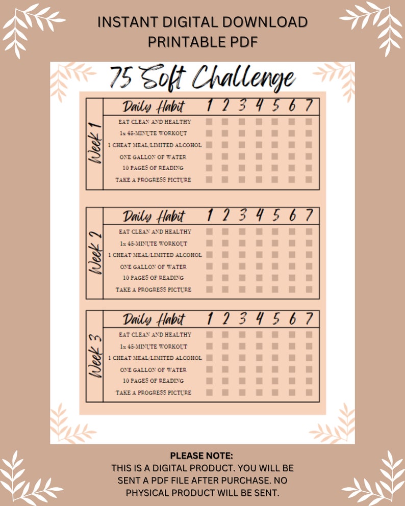 75 Soft Challenge Tracker, 75 Soft Challenge PDF, 75 Day Soft Challenge ...