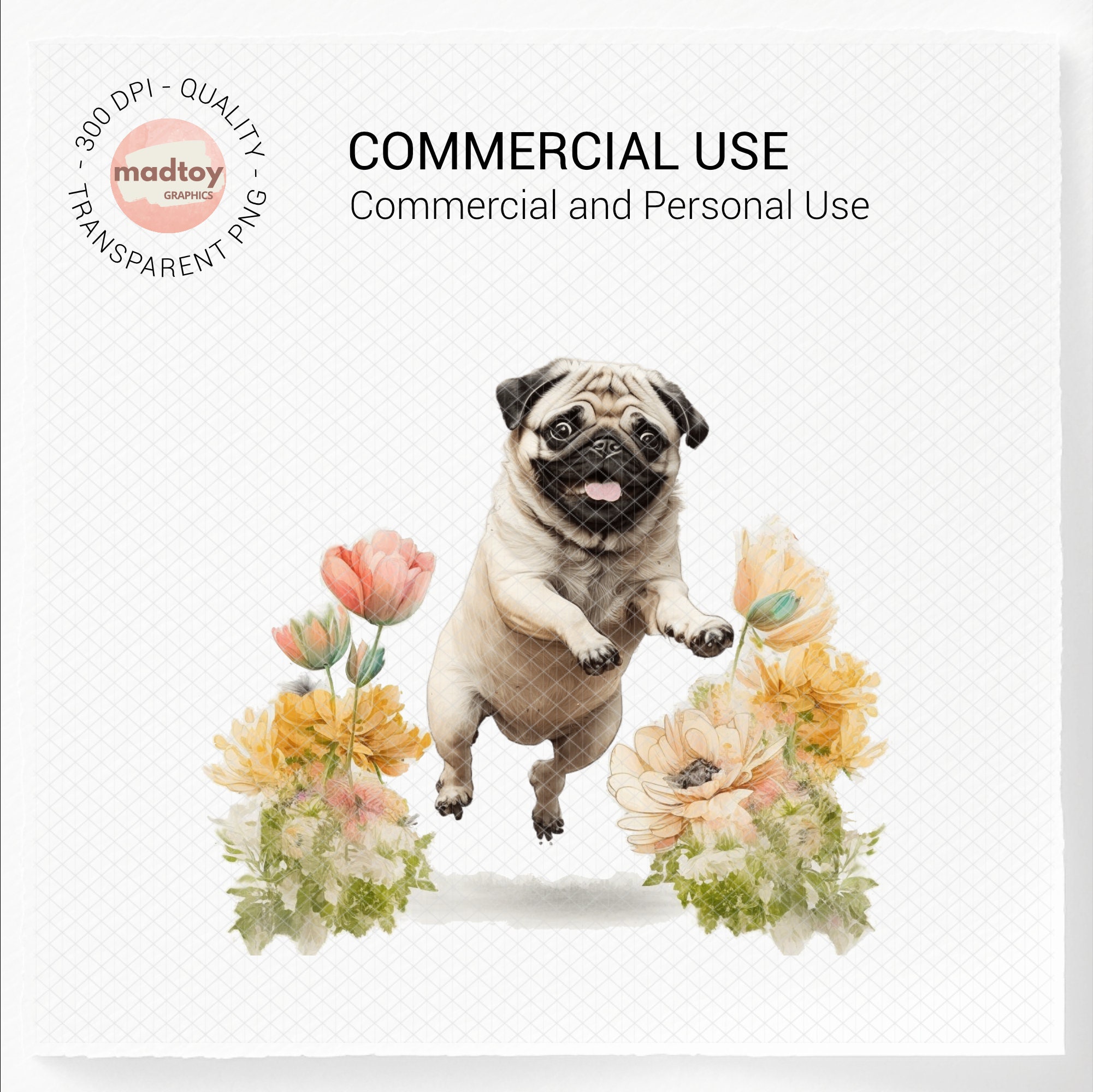 Watercolor Pug Flowers Clip Art Adorable Dog Clipart Digital Animal ...