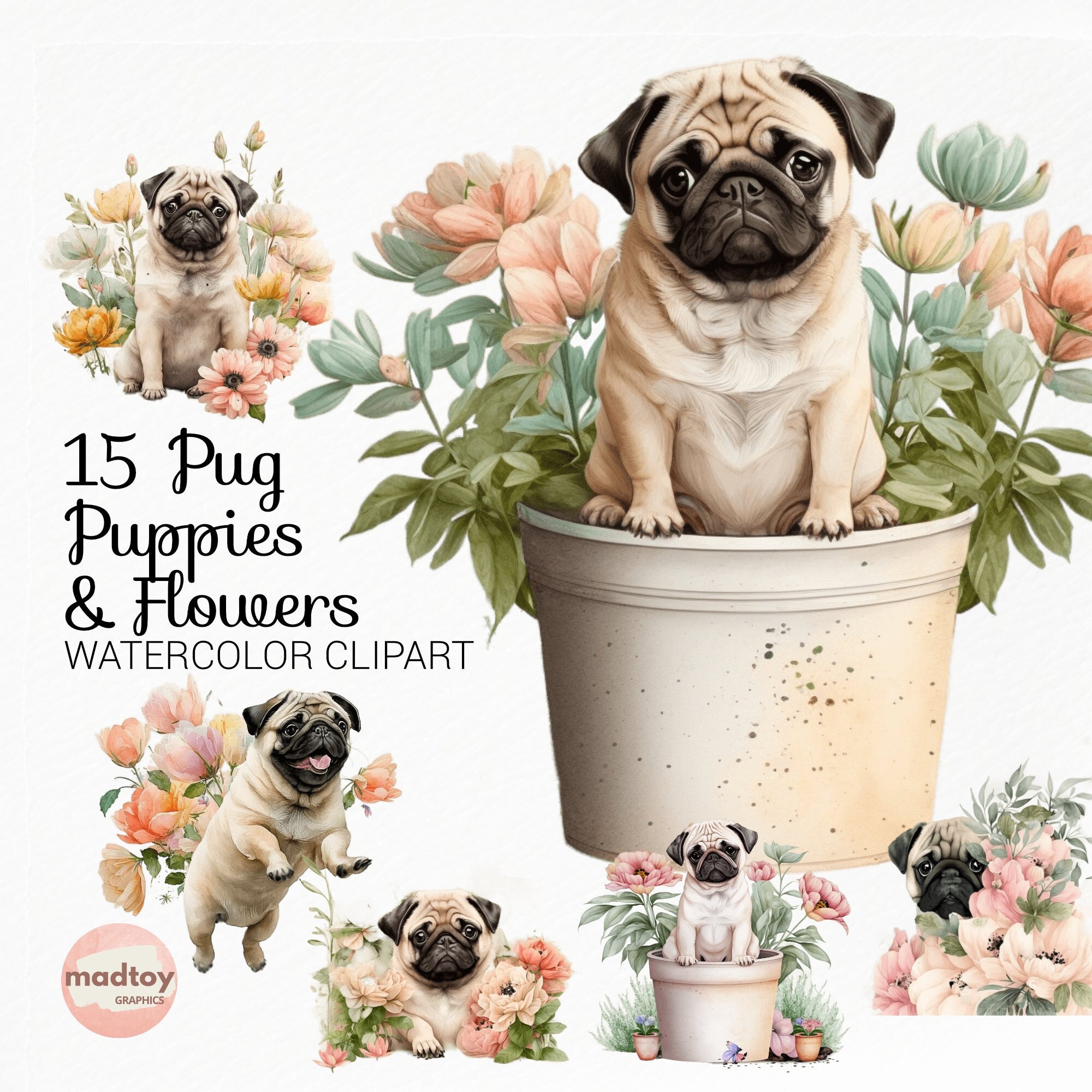 Watercolor Pug Flowers Clip Art Adorable Dog Clipart Digital Animal ...
