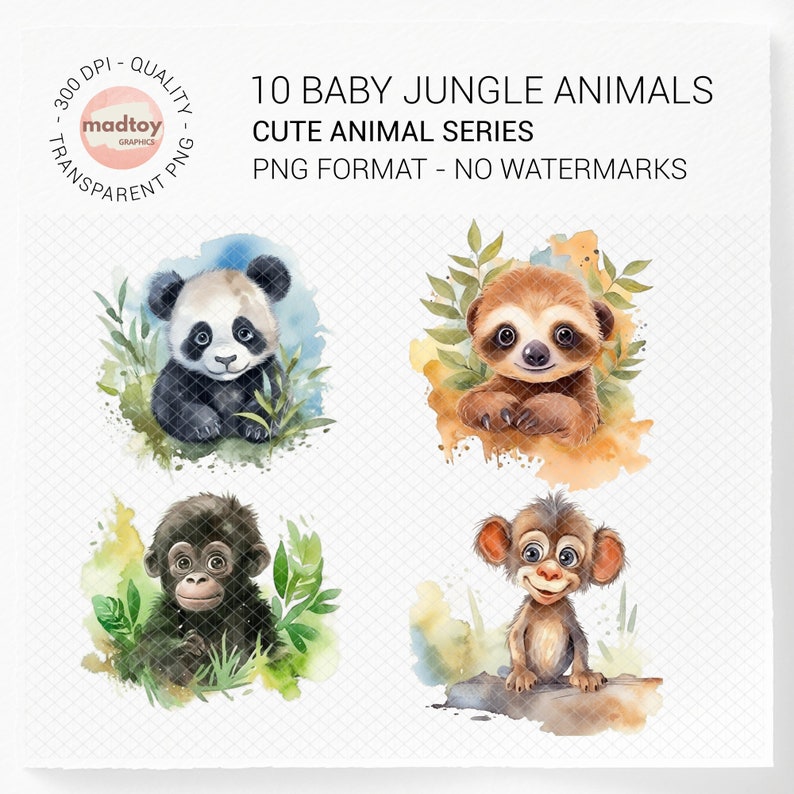 Cute Jungle Animal Clipart, Watercolor Animals, Jungle Theme Baby ...