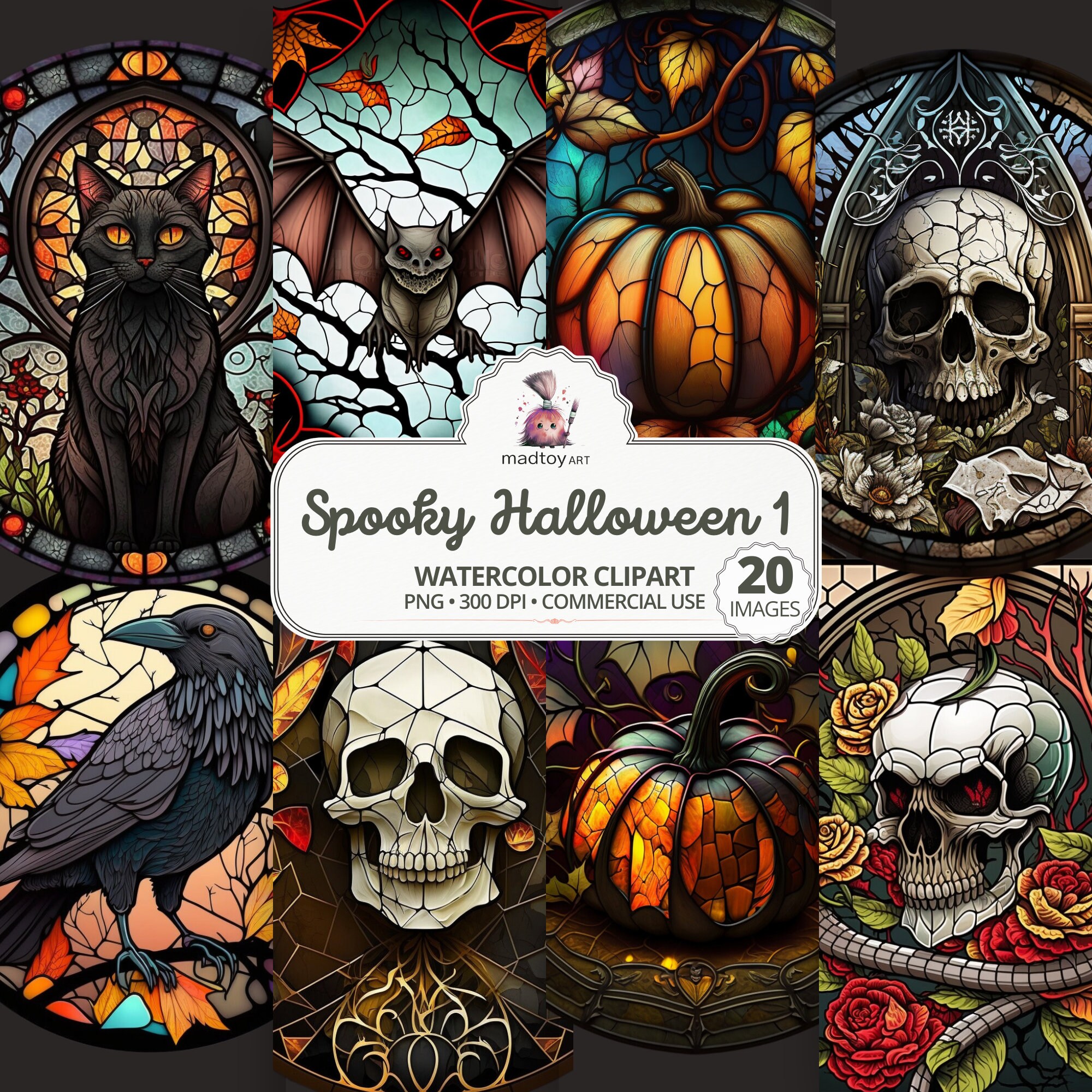 Halloween Stained Glass Designs 20 PNG Clip Art Bundle Gothic - Etsy