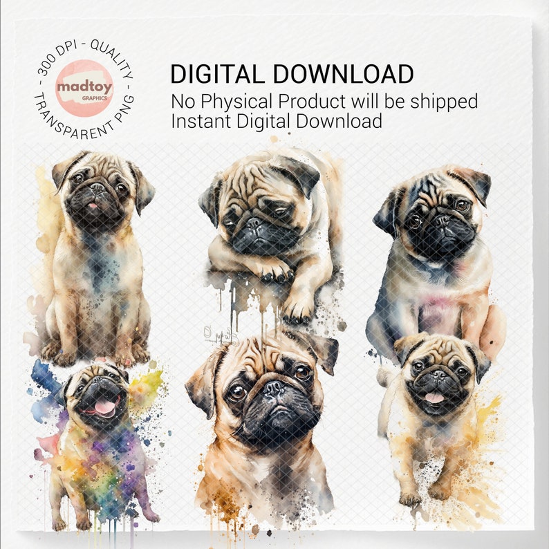 Pug Puppy Clipart, Dog PNG Files, Watercolor Pug Clipart, 15 PNG Dog ...