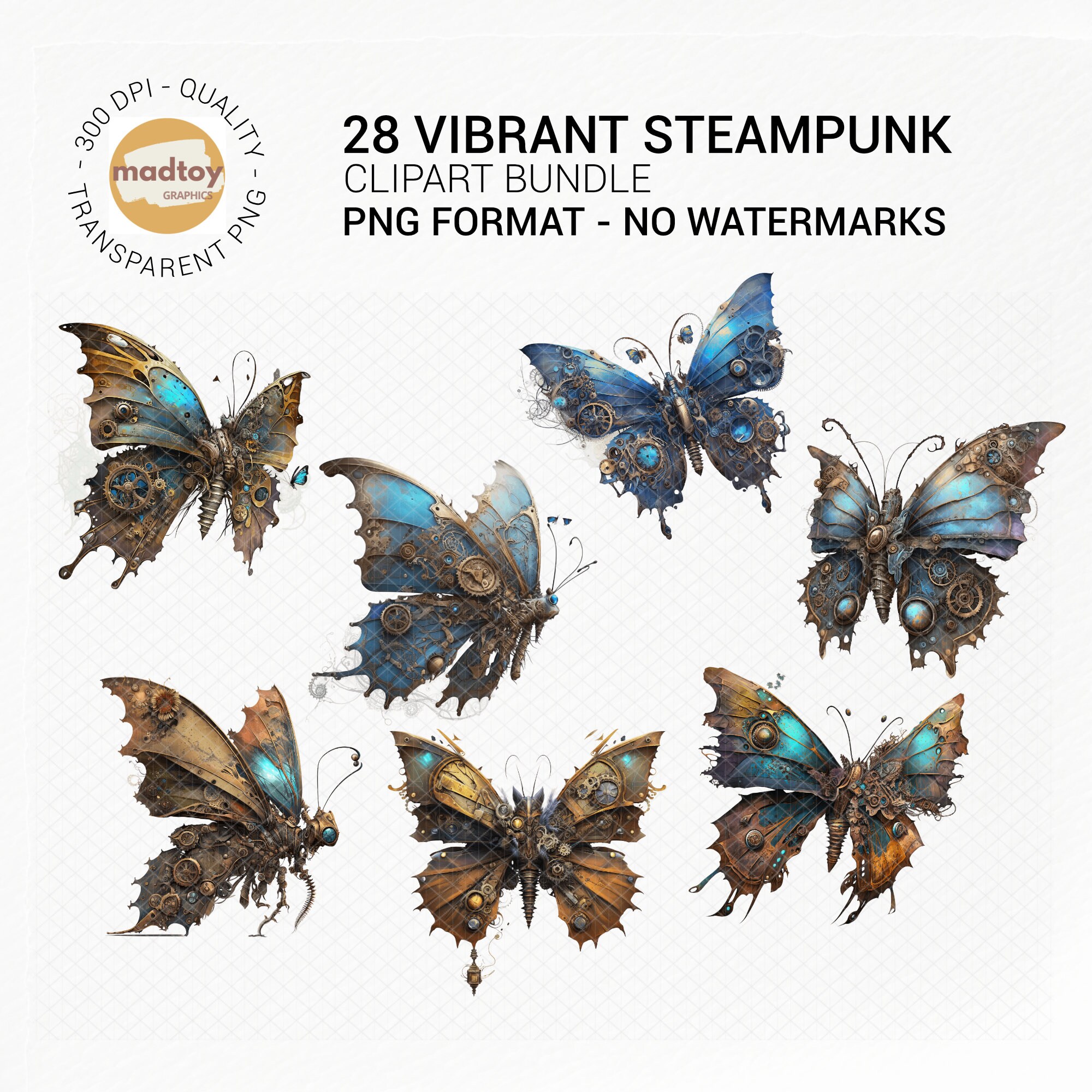 Steampunk Butterflies Clipart, Watercolor Steampunk PNG, Butterfly Clipart Bundle, Butterflies ...