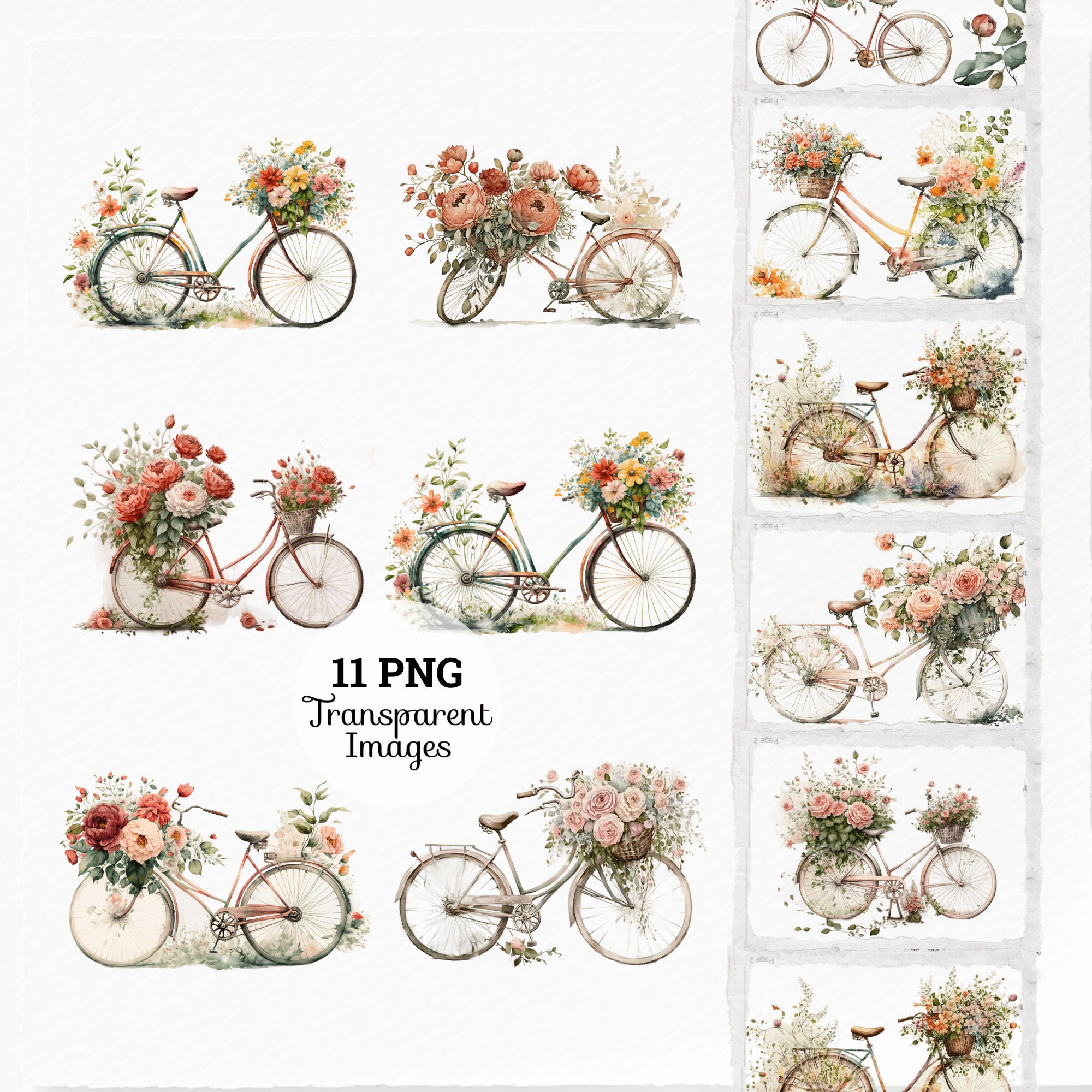 Floral Bicycle Retro Clipart PNG Files, Floral Clipart Graphic, 11 PNG ...