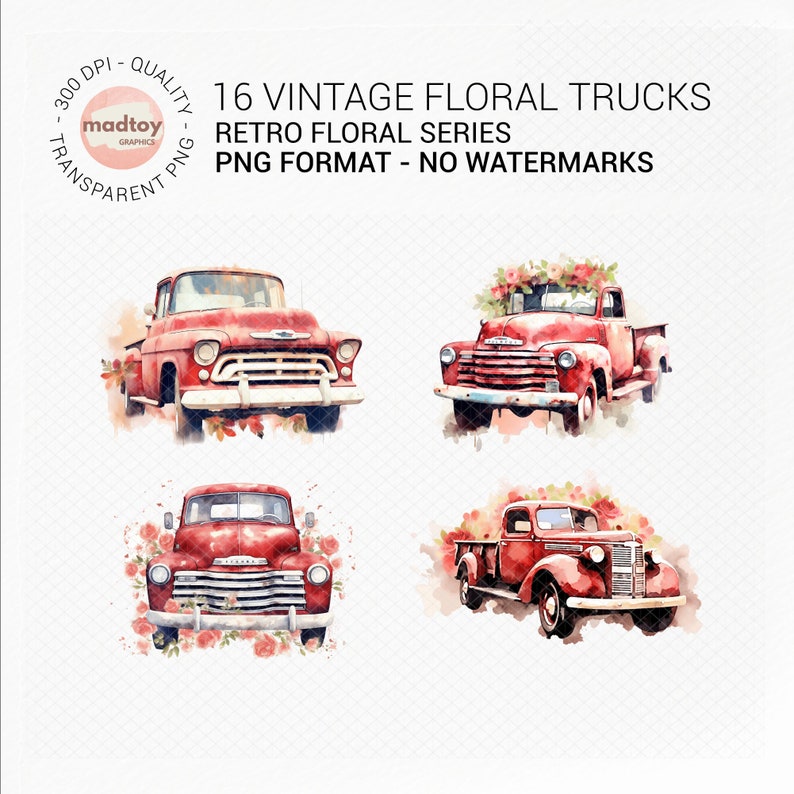 Farm Truck Floral Clipart Retro PNG Files, Vintage Red Trucks and ...
