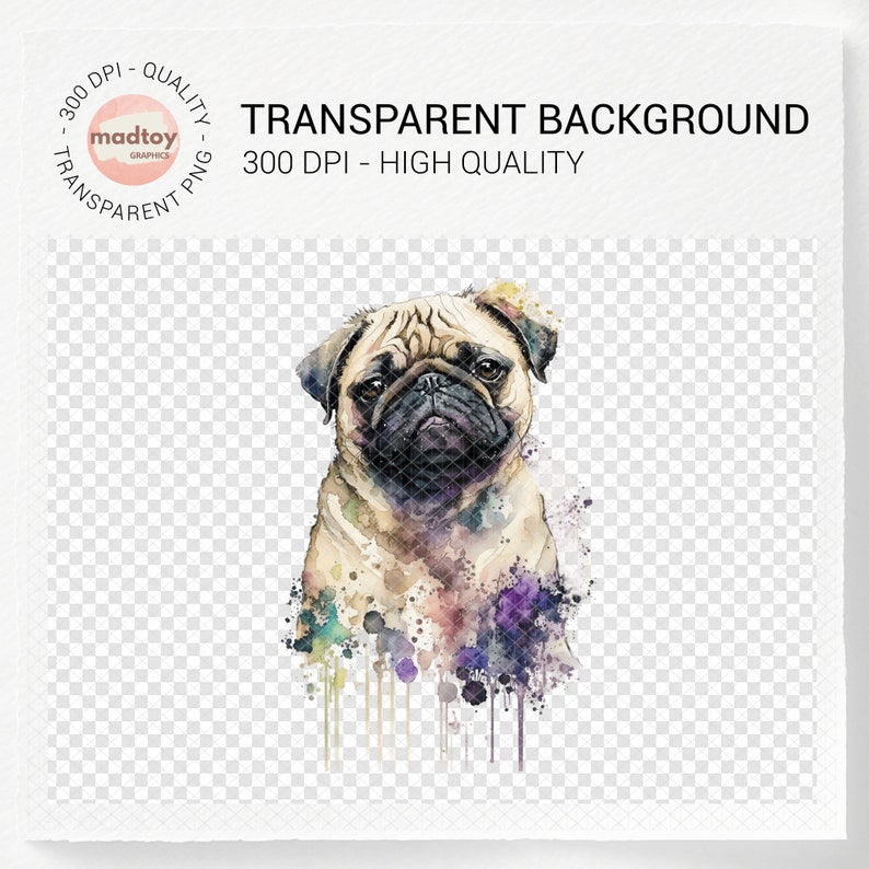 Pug Puppy Clipart, Dog PNG Files, Watercolor Pug Clipart, 15 PNG Dog ...