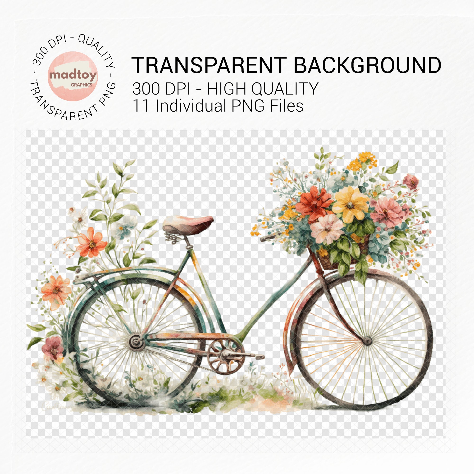 Floral Bicycle Retro Clipart PNG Files, Floral Clipart Graphic, 11 PNG ...