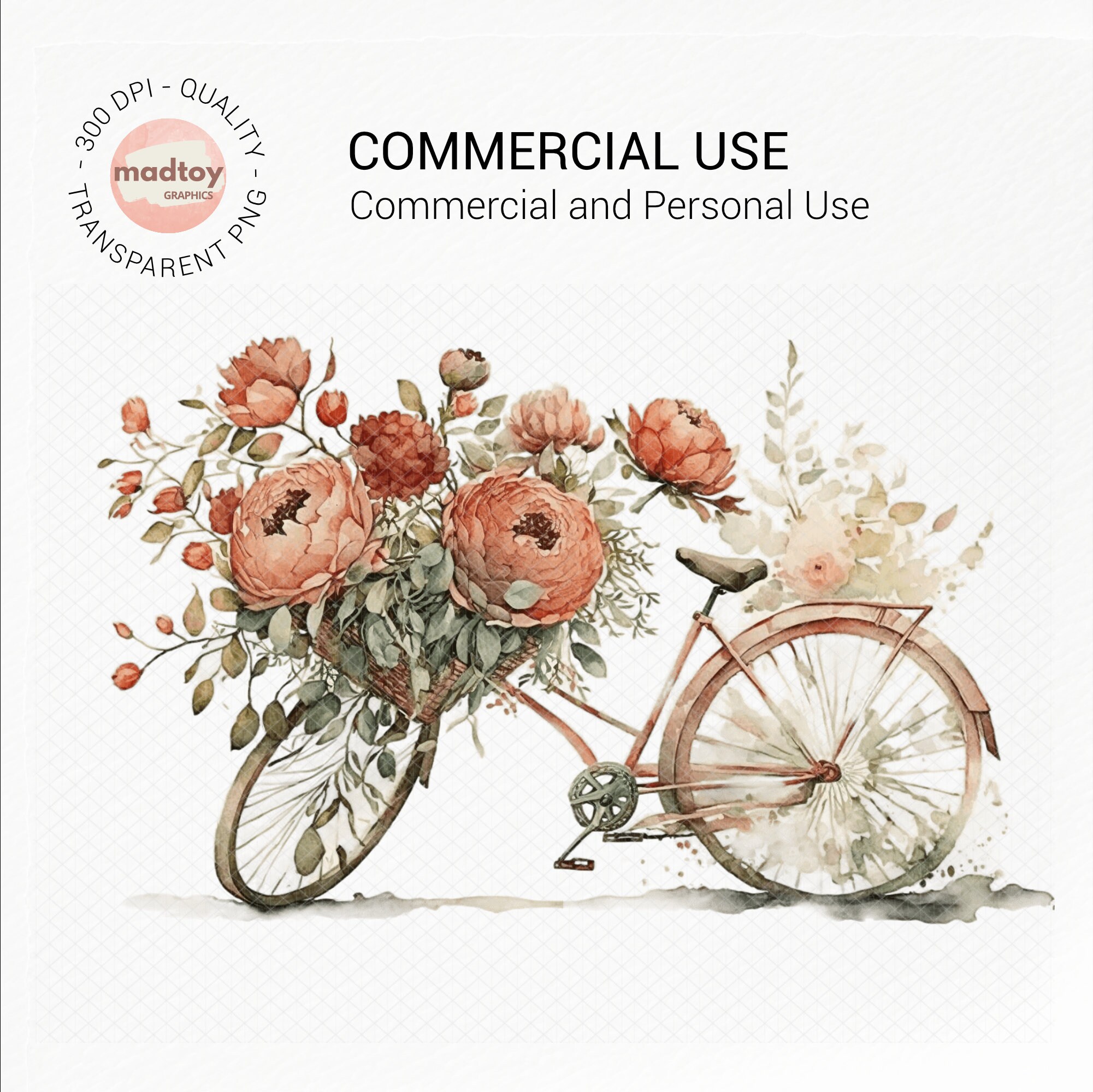 Floral Bicycle Retro Clipart PNG Files, Floral Clipart Graphic, 11 PNG ...